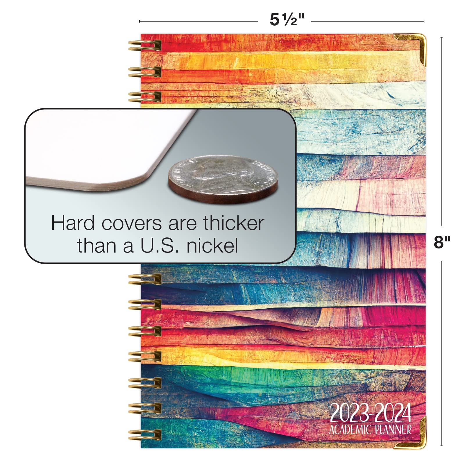 HARDCOVER Academic Year 2023-2024 Planner: (June 2023 Through July 2024) 5.5"x8" Daily Weekly Monthly Planner Yearly Agenda. Bookmark, Pocket Folder and Sticky Note Set (Rainbow Oak)
