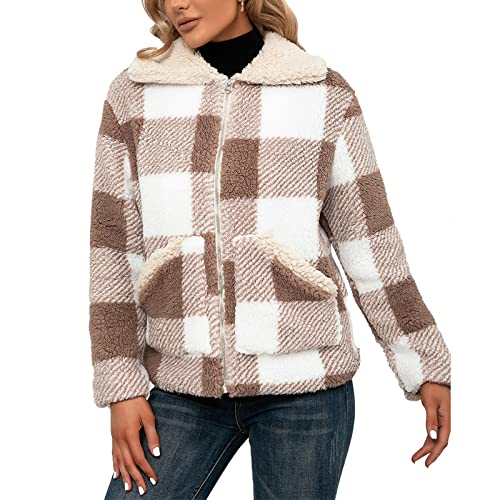 FMCHICO Womens Pullover Fuzzy Fleece Sweatshirt Oversized Hoodie With Pockets Khaki