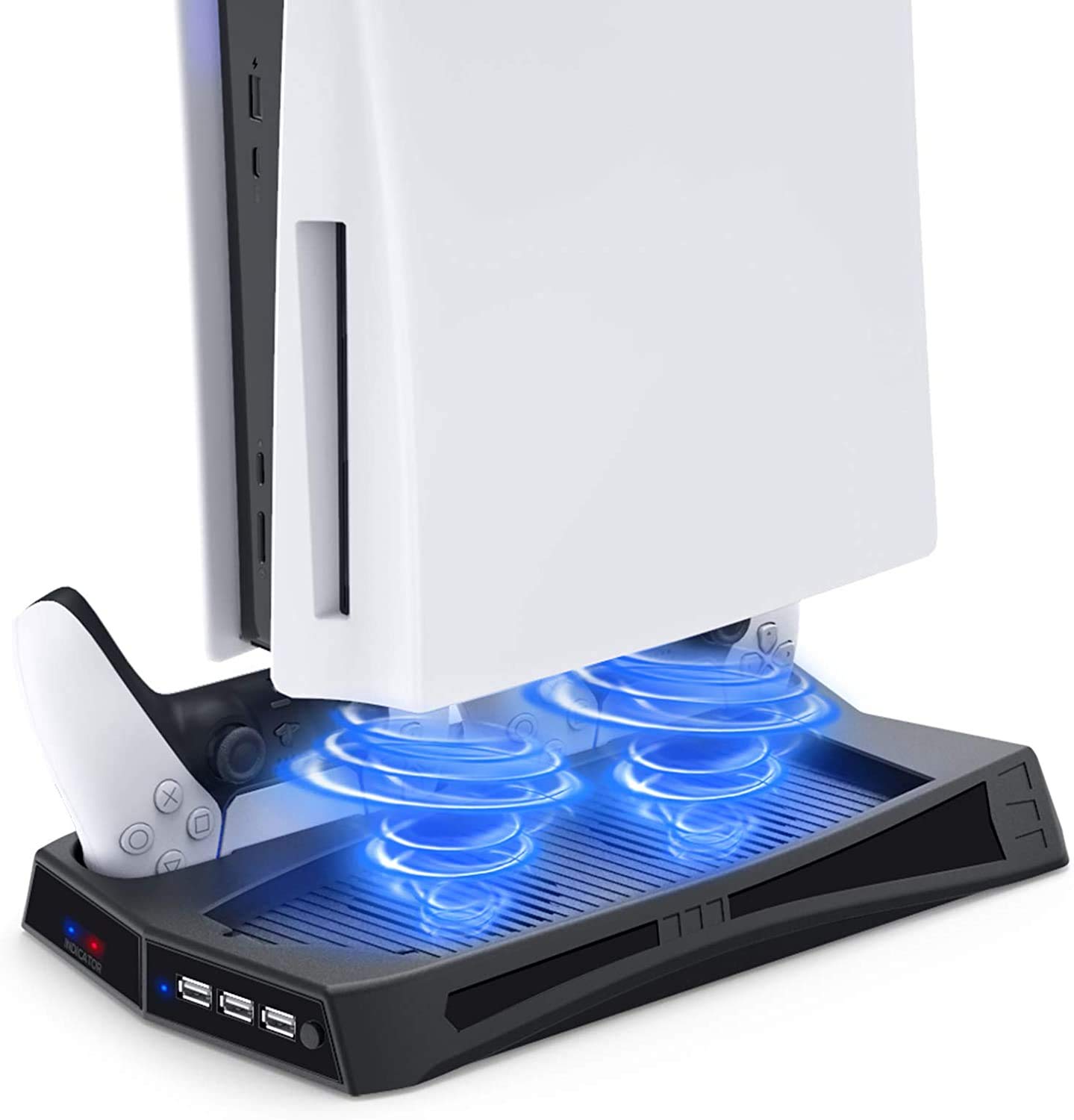 for PS5 DE/UHD Vertical Stand,Including 2 DualSense Controller Charging Dock and Stand with Cooling Fan Compatible for Playstation5 ,3 USB. Charging Station Dock with Dual Controller Charger Ports.