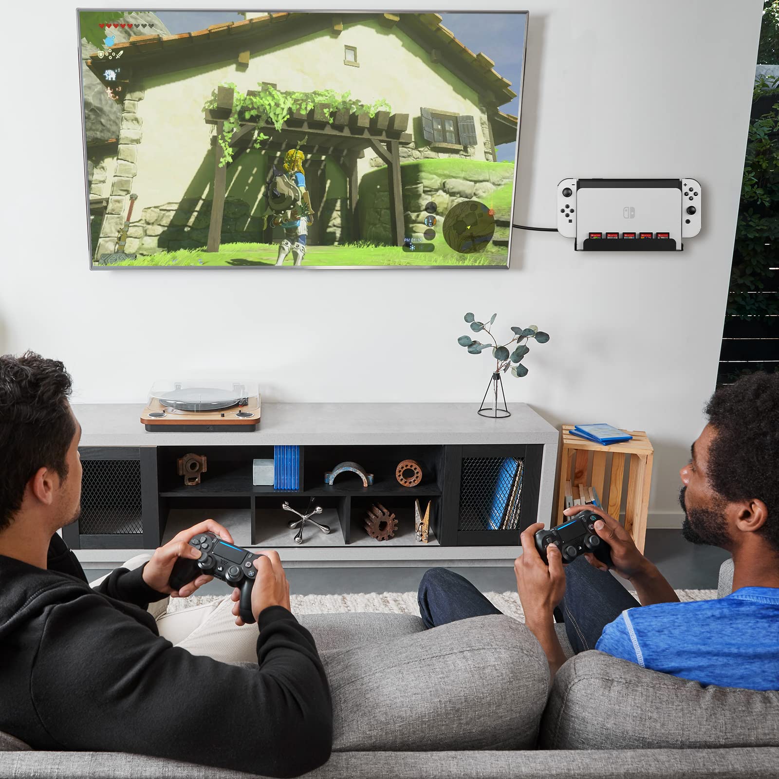 HANTNOOL Upgraded Wall Mount for Switch and Switch OLED, Metal Wall Mount Bracket with Back Airflow Gap Design, 4 Hooks for Joy Cons and 5 Game Card Holders (Black)