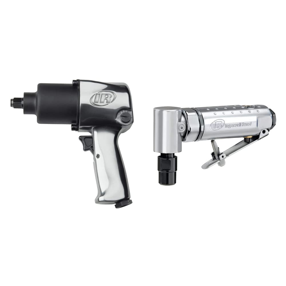Ingersoll Rand 231C 1/2” Drive Air Impact Wrench & 301B Air Die Grinder – 1/4", Right Angle, 21,000 RPM, Ball Bearing Construction, Safety Lock, Aluminum Housing, Lightweight Power Tool, Black