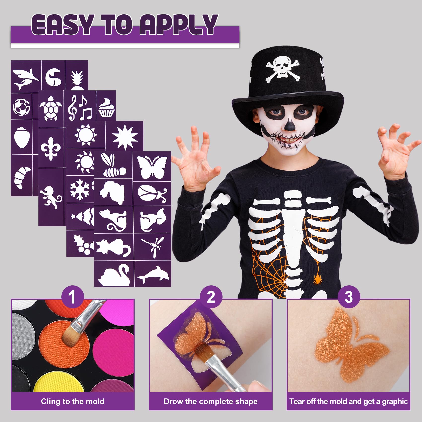 Face Paint Kit, 15 Colors Face Painting Kit with 4 Stencils 2 Brushes Professional Face Body Paint for Parties Halloween Makeup Cosplay