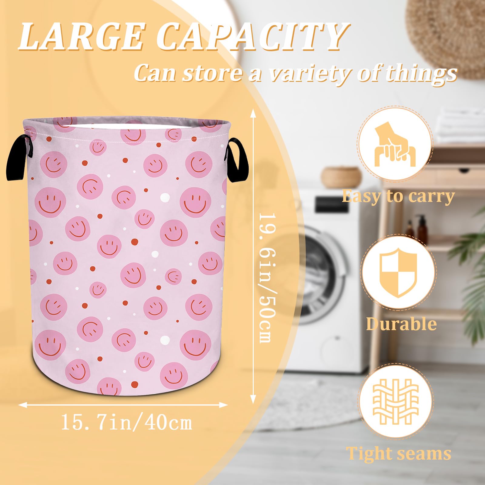 Pink Smiley Face Laundry Basket, Boho Laundry Hamper Foldable Waterproof Oxford Cloth Funny Tote Bag Dirty Clothes Storage Bucket Toy Organizer for Bathroom/Laundry/Bedroom 15.7"x19.6"
