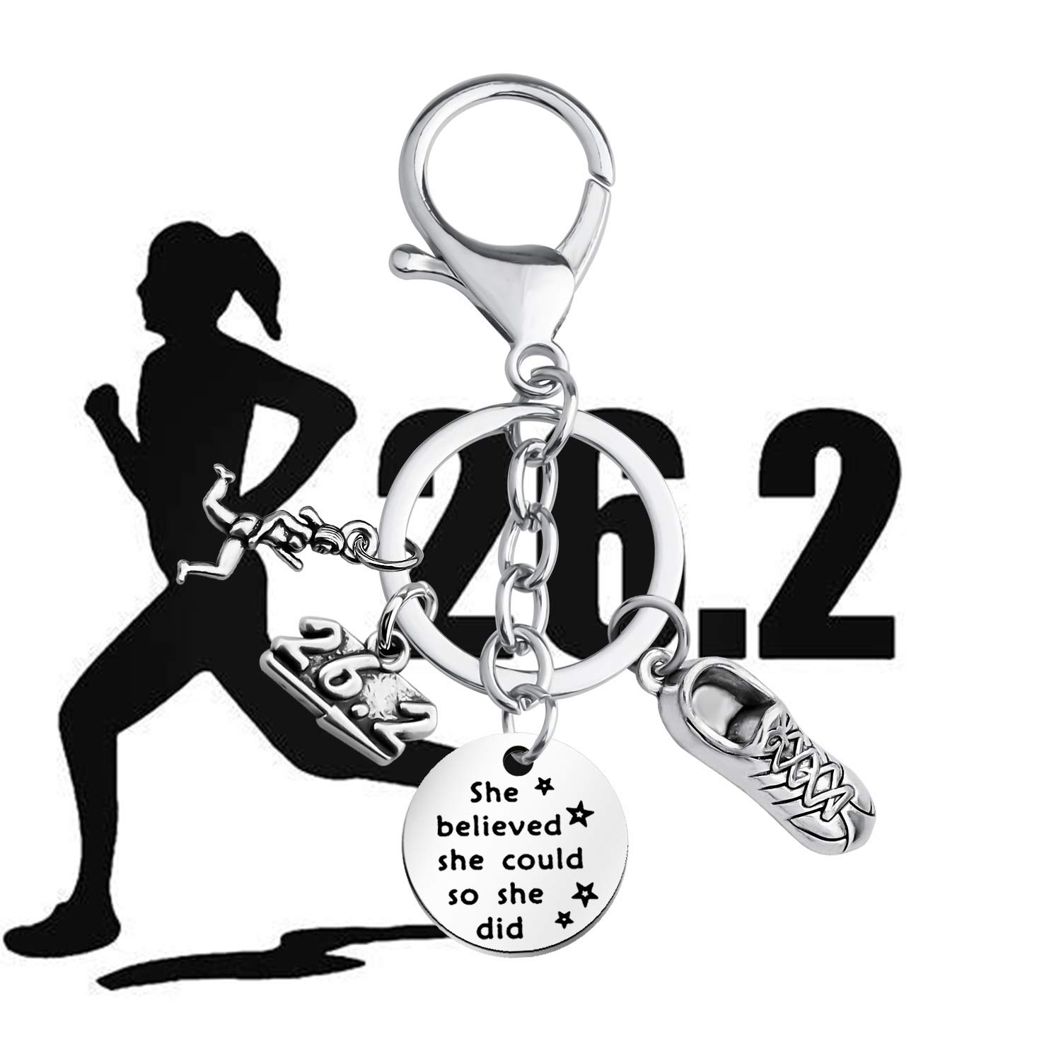 FUSTMW Runner Gifts Marathon Gift Runner Keychain Marathon Jewelry Running Gifts She Believed She Could 13.1 26.2 Keychain Marathon Gift for Her (She BL 26.2)