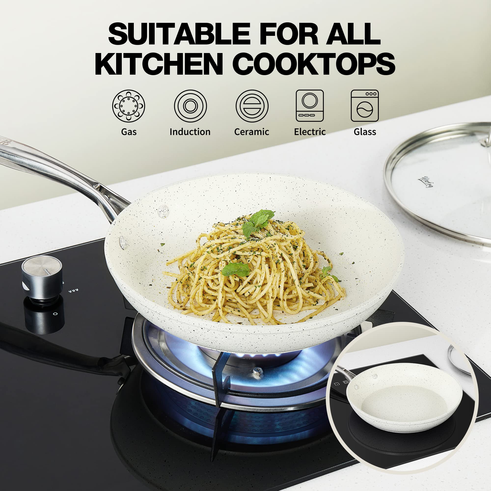 HLAFRG 12 Inch Nonstick Frying Pan with Lid, White Marble Skillet Stone-Derived Coating, APEO & PFOA Free, With Heat-Resistant Handle, Oven Safe and Induction Compatible