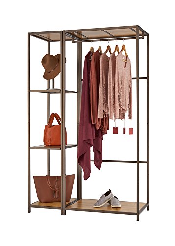 Trinity Garment Rack with Bamboo Shelves and 4-Tier Shelf Tower for Clothing Storage, Closet Organization for Home with Decorative Book Shelf and Display Stand, Bronze