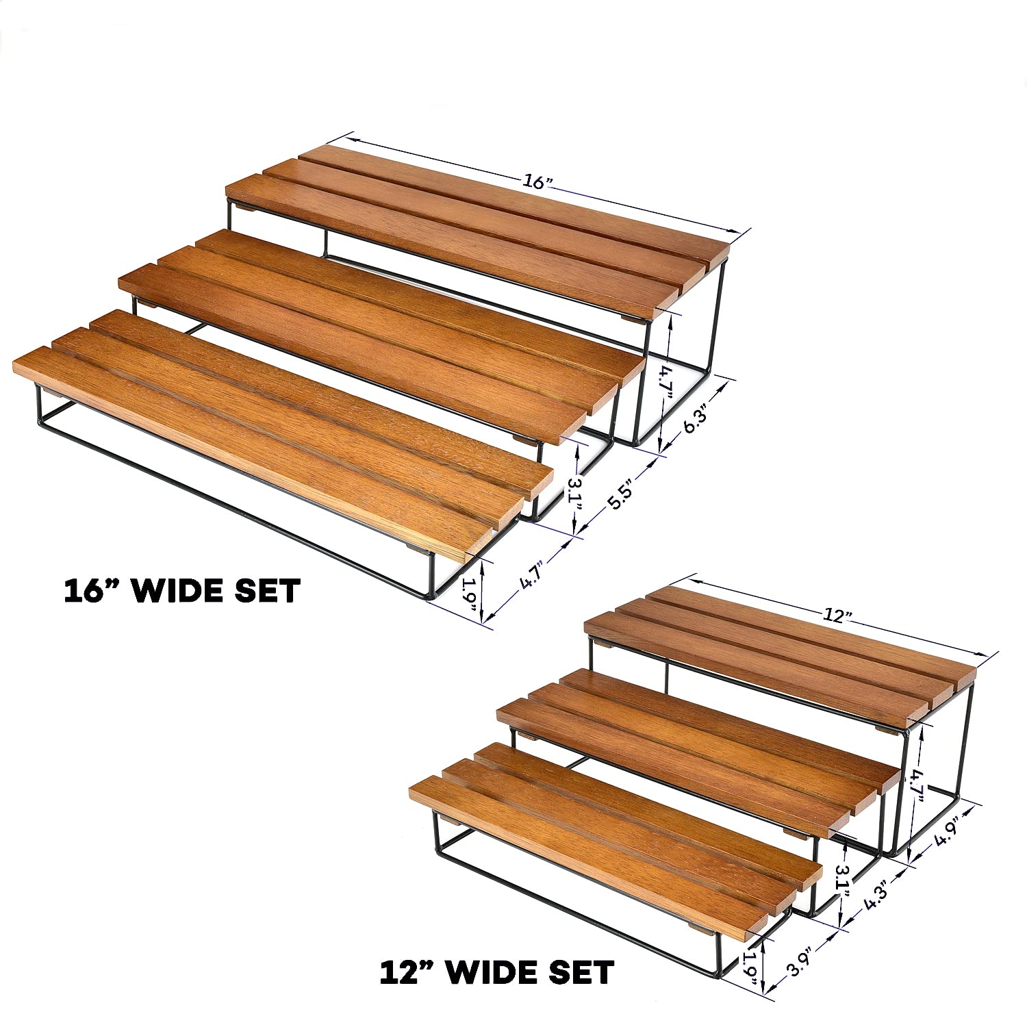 Hardware Haus Walnut Wood Wooden Cupcake Stand 3-Tier Wooden Display Stand with Black Metal Base, Rectangle Tower Display Stands for Vendor Events Walnut Wood (16" Set)