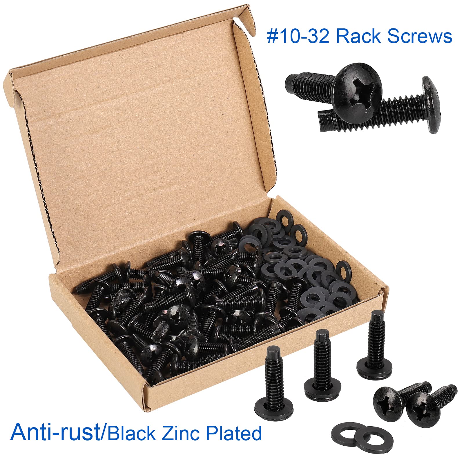 HanTof 10/32 Rack Screws and Nylon Washers,60 Sets Rack Mount Screws for Recording Studios,Audio and Network Equipment Server Rack Rails,Enclosure and Cabinets.Carbon Steel,Rust Resistant Black Zinc.