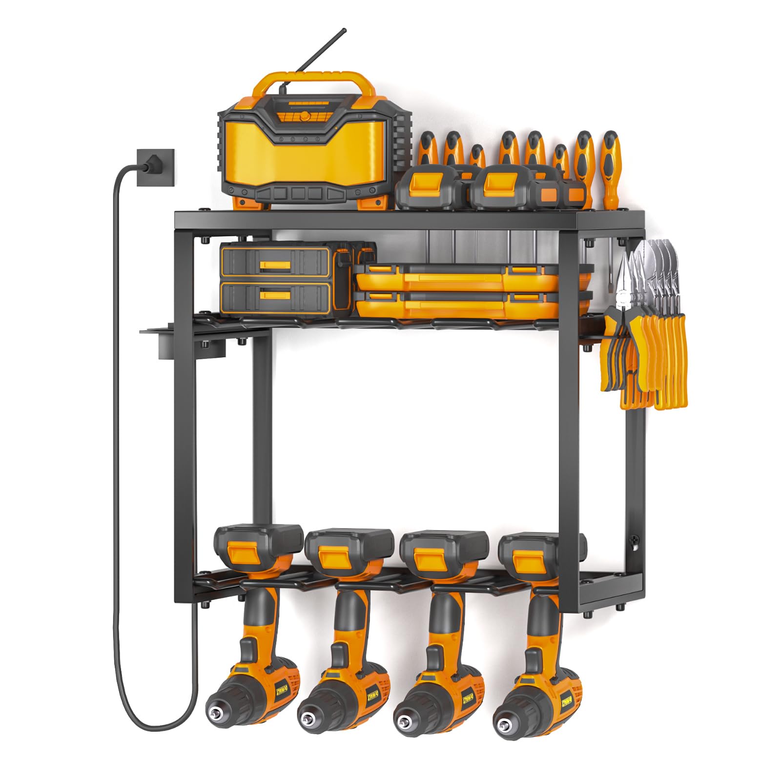 Power Tool Organizer Wall Mount, 3 Layers Drill Holder With Charging Station, Heavy Duty Garage Tool Storage,Utility Racks Shelf for Tool Batteries, Screwdriver, Wrench