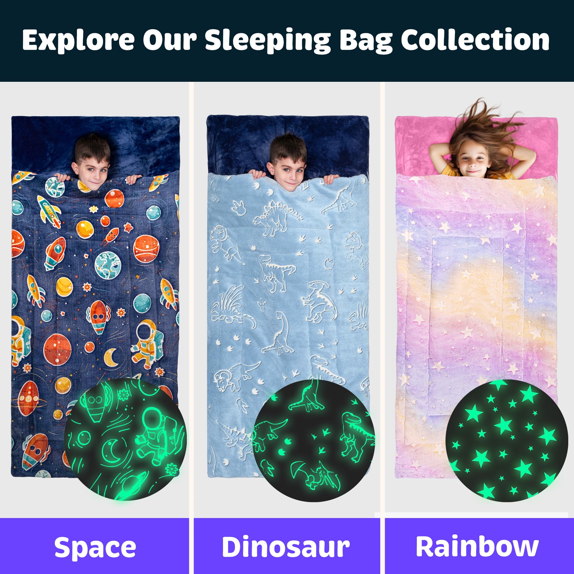 Kids Sleeping Bag with Pillow for Boys, Space, Planets Glow in The Dark Sleeping Bags for Kids 2-12, Sleeping Bag for Toddlers with Pillow Pocket, Ages 3+, Extra Soft Sleeping Bag for Kid (66'' x 33")