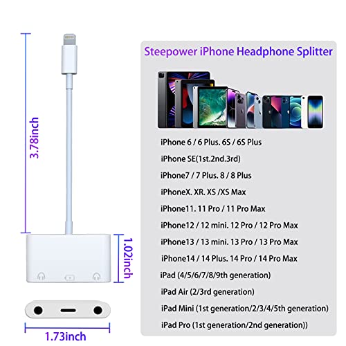 Steepower 3.5mm iPhone Headphone Splitterr,3 in 1 Dual 3.5mm Headphone Jack Adapter with Power Port,Compatible with iPhone 14/13/12/11/X/8/8plus/7/7plus/iPad-Support iOS 16