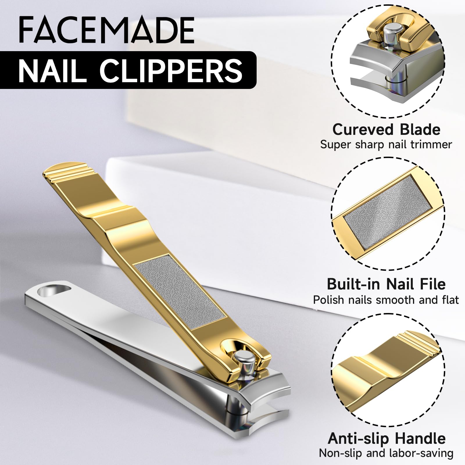 FACEMADE Nail Clippers Set - 2 Pack Premium Sharp Stainless Steel Fingernail & Toenail Clippers with Sturdy Travel Tin Case, Professional Manicure Kit Fingernail Tools for Nail Care (Light Gold)