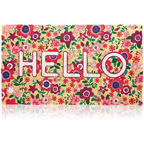 Juvale Natural Coir Hello Spring Door Mat for Front Door Entry, Floral Welcome Non-Slip Rug (30x17 in)