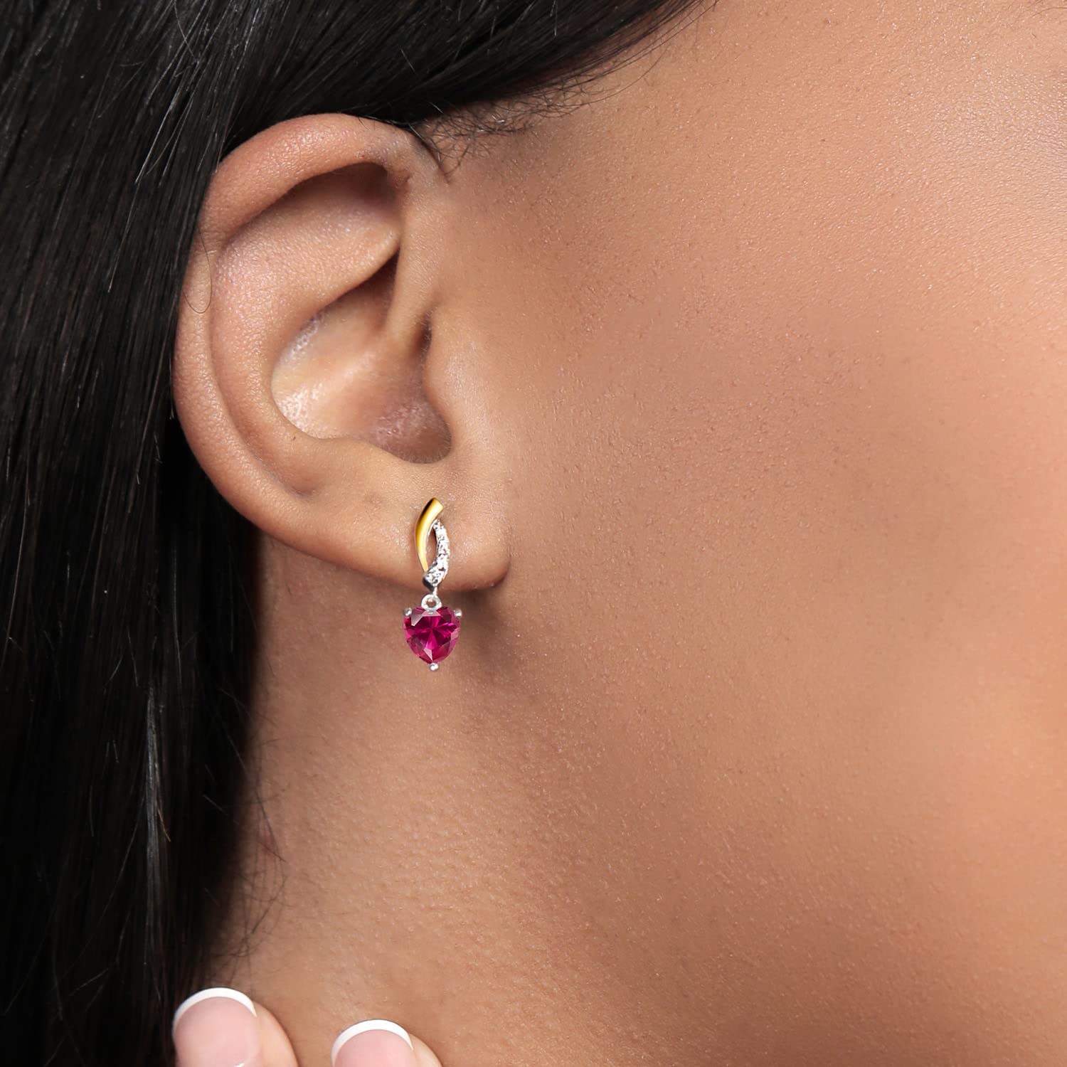 Gem Stone King 925 Sterling Silver and 10K Yellow Gold Red Created Ruby and White Lab Grown Diamond Dangle Earrings For Women By Keren Hanan (1.99 Cttw, Heart Shape 6MM)