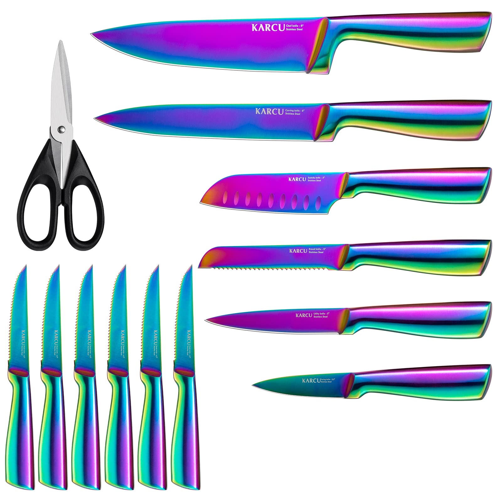 Knife Set, 14piece Karcu Kitchen Knife Block Set, Rainbow German Steel Kitchen Knives Set with Wooden Block, Chef's Knife Block Set with Scissors