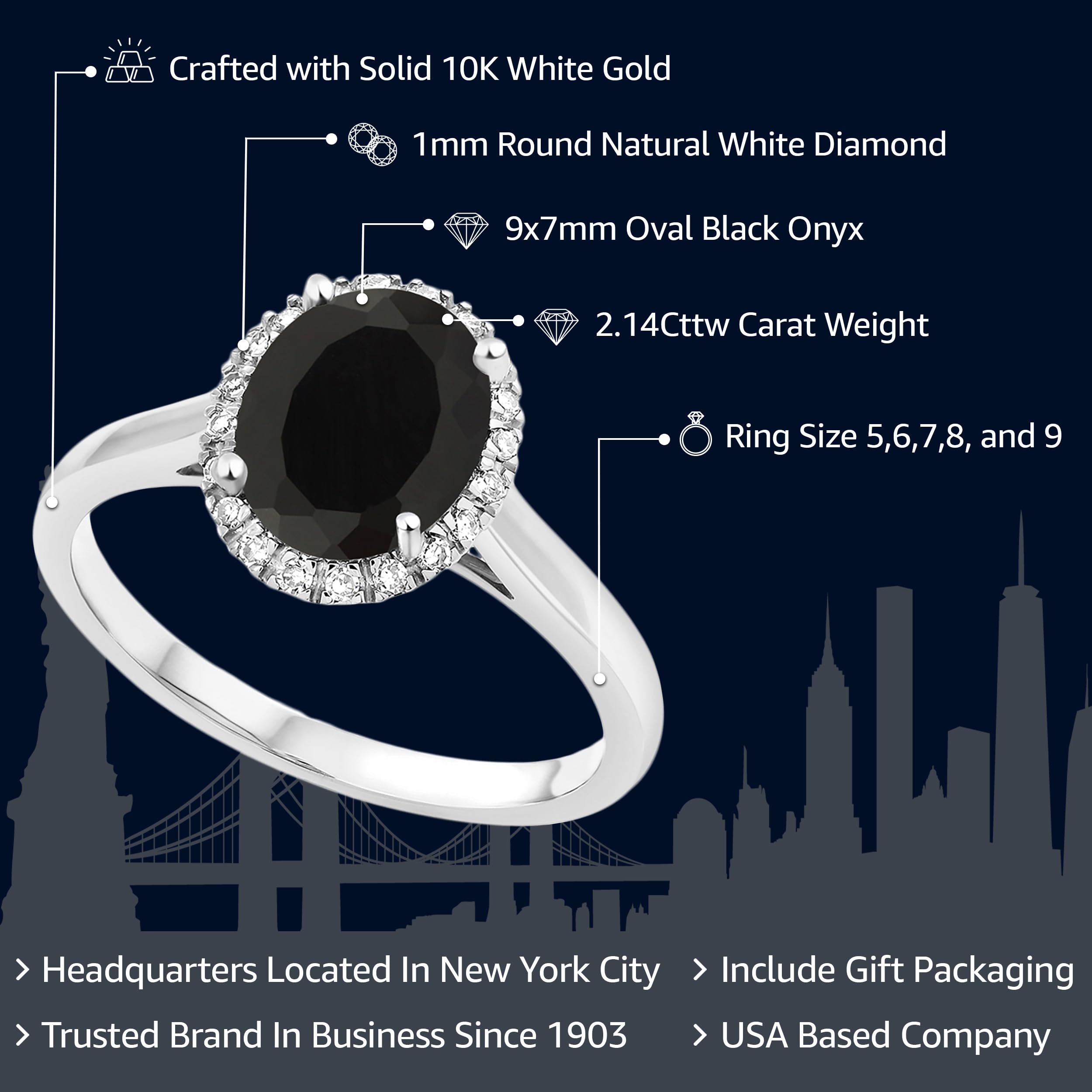Gem Stone King 10K White Gold Black Onyx and Diamond Halo Engagement Ring | 2.14 Cttw | Oval 9X7MM | Gemstone Birthstone | Wedding Anniversary Promise Ring For Women (Size 8)