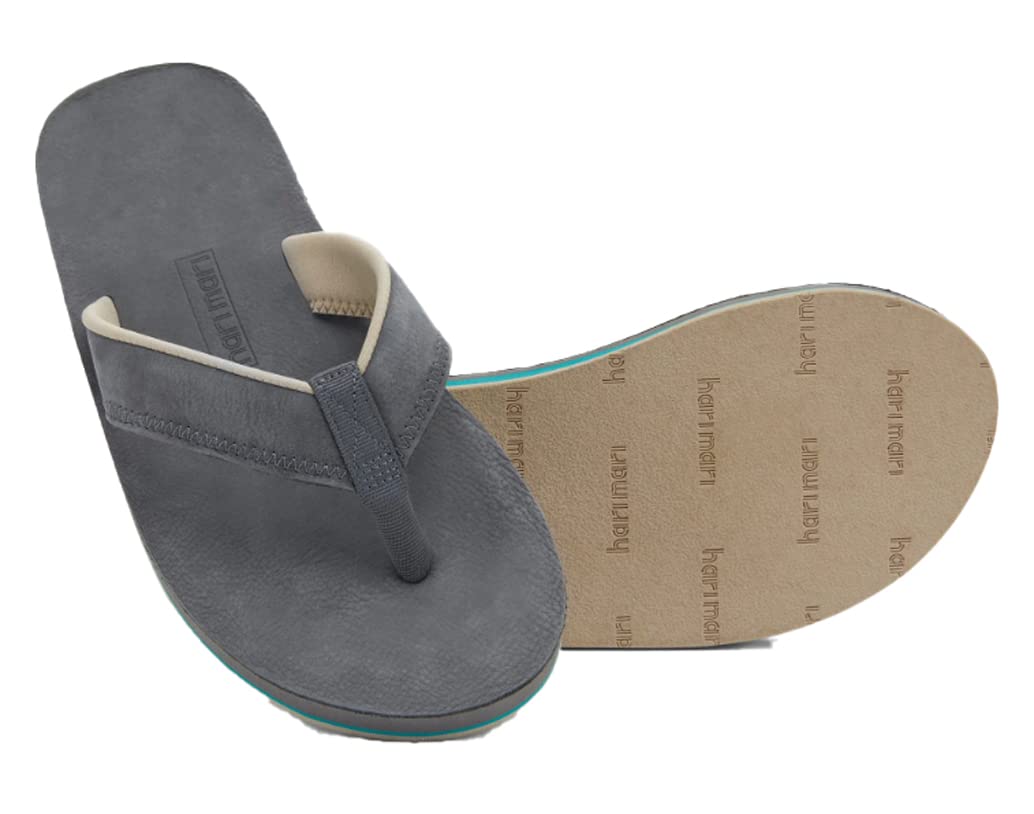 Hari Mari Pier Flip Flops for Men - Premium Rubber Sole, Leather Strap with Memory Foam - Water-Resistant Comfortable Beach Sandals- Slate, Size 8