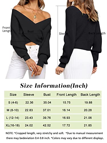 ZCSIA Women's Wrap V Neck Cropped Sweaters 2023 Fall Long Sleeve Cross Front Off Shoulder Solid Knitted Pullover Tops,Black,XLarge