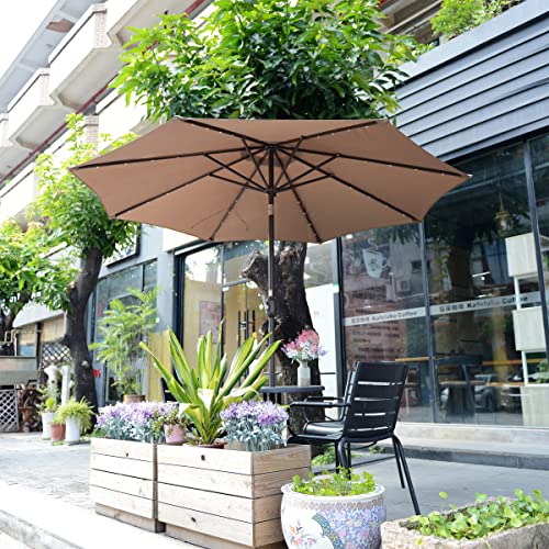 VILLACERA 83-OUT5421B, Beige Lighted Patio Shade β 9 Ft Outdoor Umbrella with 19lbs Weighted Base, Solar Powered LED, and Push Button Tilt β Backyard Canopy (Brown)