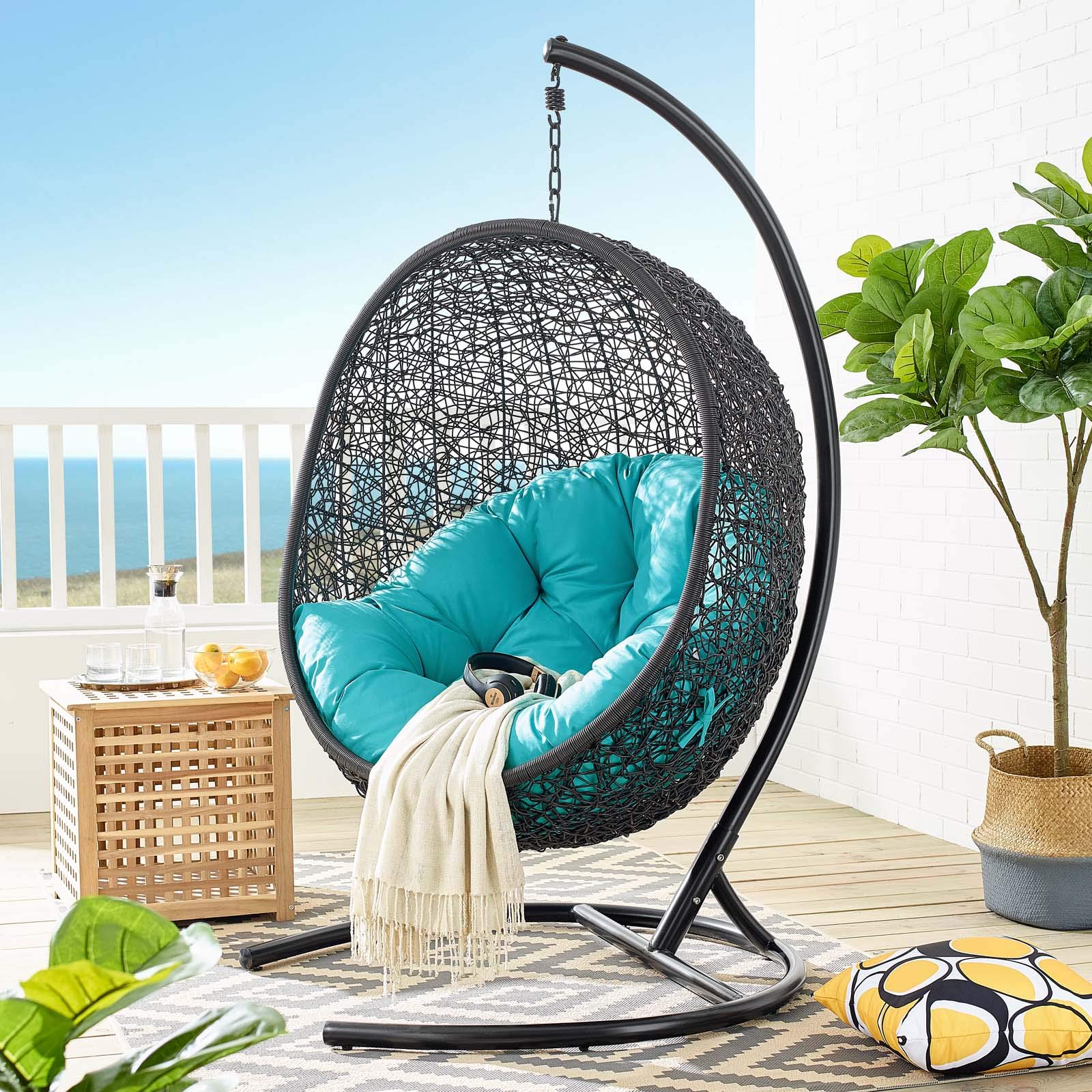 Modway EEI-739-TRQ-SET Encase Wicker Rattan Outdoor Patio Porch Lounge Egg, Swing Chair with Stand, Turquoise