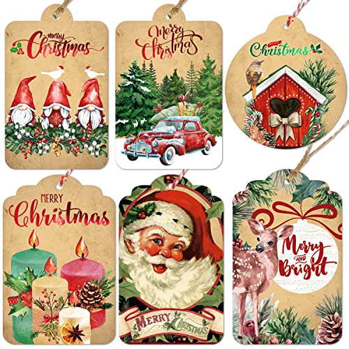 Party Funny Christmas Gift Tags 60 Count with Untied String 15 Assorted Foil, Printed Designs for DIY Xmas Present Wrap and Label Package Name Card