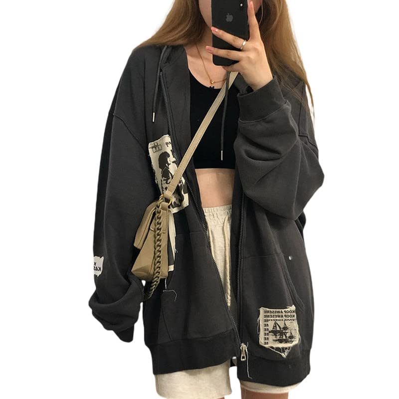 NUFIWI Women’s Angel Print Oversized Hoodies Skull Skeleton Pattern Zip Up Jackets Y2K Autumn Winter Plus Size Sweatshirt