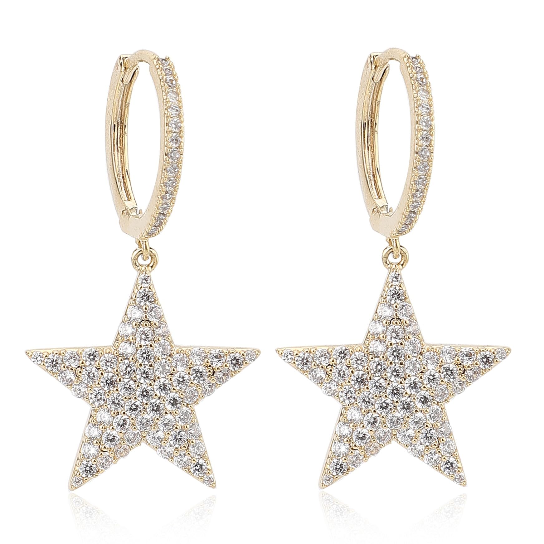 Huggie Earrings For Women By Vintage Havana Featuring Dangling Pave (CZ) Stars Drop/Dangle Star Earrings 18K Gold Plated Made With Sterling Silver Post