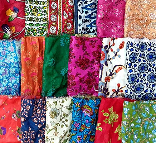 Vintage Fabrics Crafts Saree Silk Remnants DIY Scraps Fabric Sari Fabric Material 50 Small Pieces Small Floral Pieces for Art and Craft Scrapbook Art Doll Junk Journal