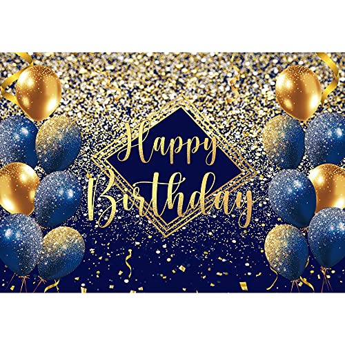 Negeek 7x5FT Polyester Fabric Royal Blue and Gold Glitter Backdrop Balloons Photography Background for Prince Prom Birthday Party Decoration Cake Table Decor Portrait Photo Banner Photo Booth