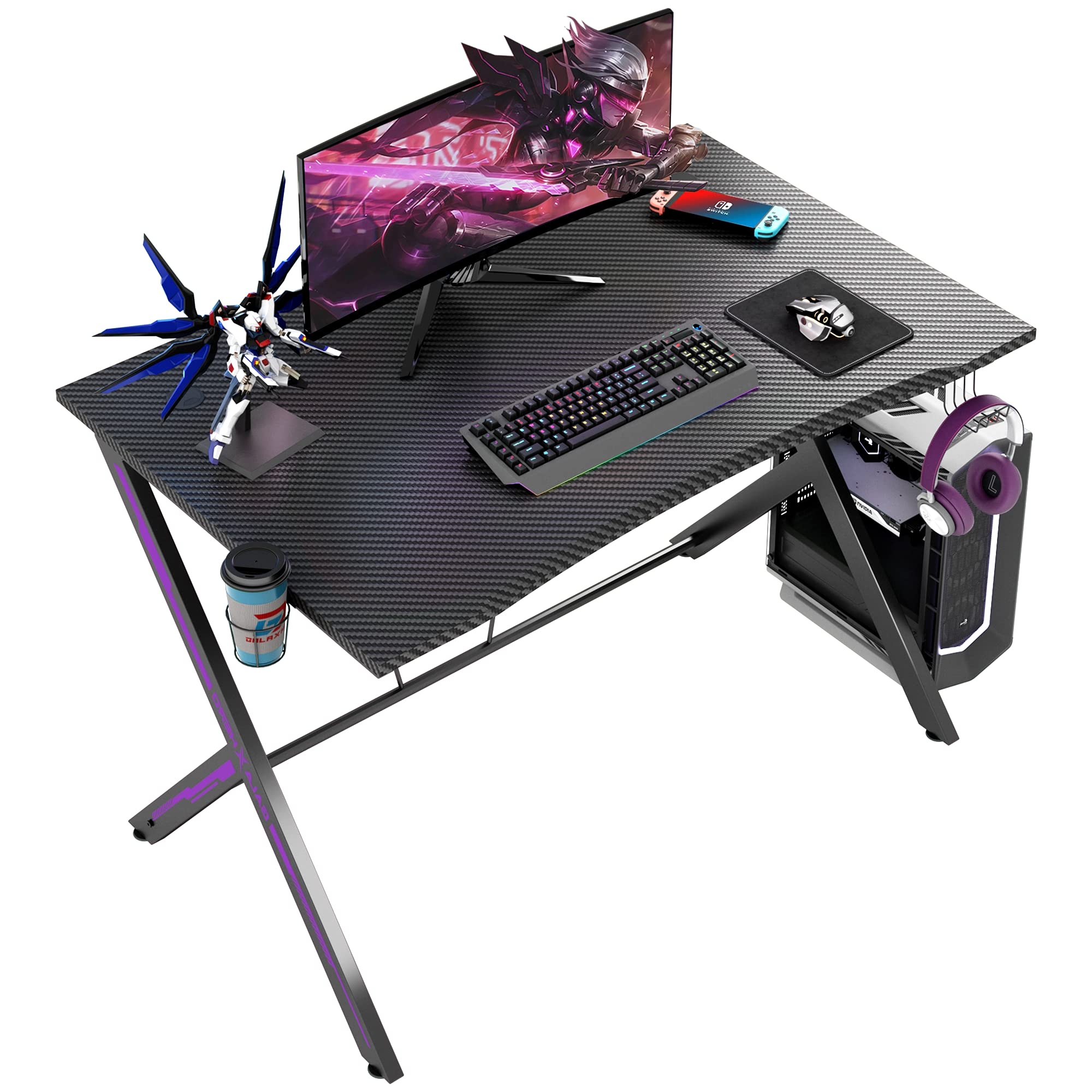 GALAXHERO 45.2" Large Gaming Desk, Gamer Computer Desk with Headphone Hook and Cup Holder, Home Office PC Workstation for E-Sports Use, Free XL Mouse Pad, Black&Purple, GX-PS