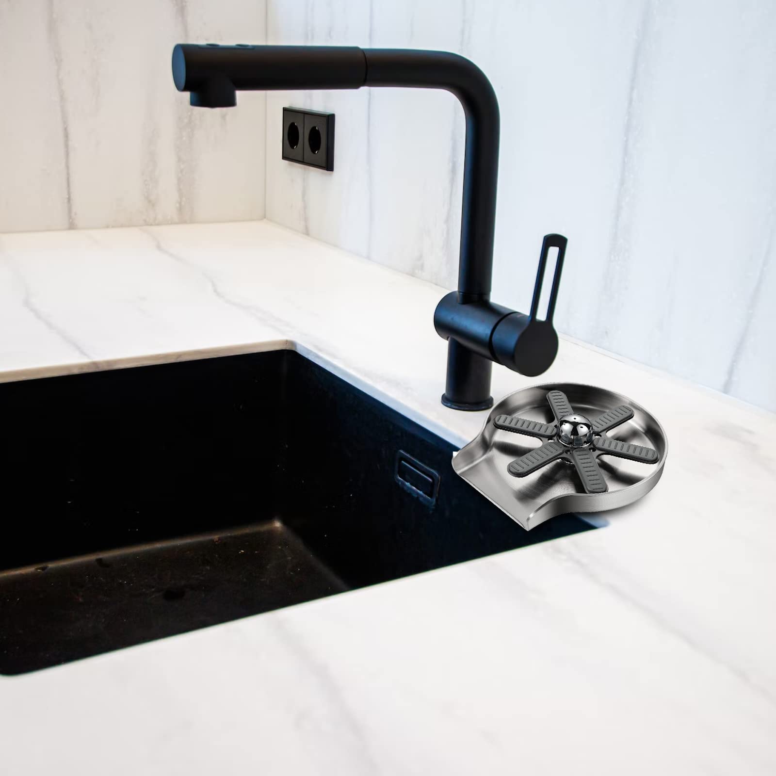 INKULEER latest design, Metal Glass rinser for kitchen sink, Glass rinser, Kitchen gadgets, Bottle washer, 18/8Stainless steel, Cup washer sink, The water column rotates 360°(Brushed)