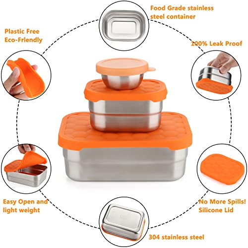 zeeooil Stainless Steel Containers with Lids Set of 4 Reusable Food Storage Container with Sauce Cups Leak Proof Lunch Container Bento Box(720ml, 230ml, 50ml*2)