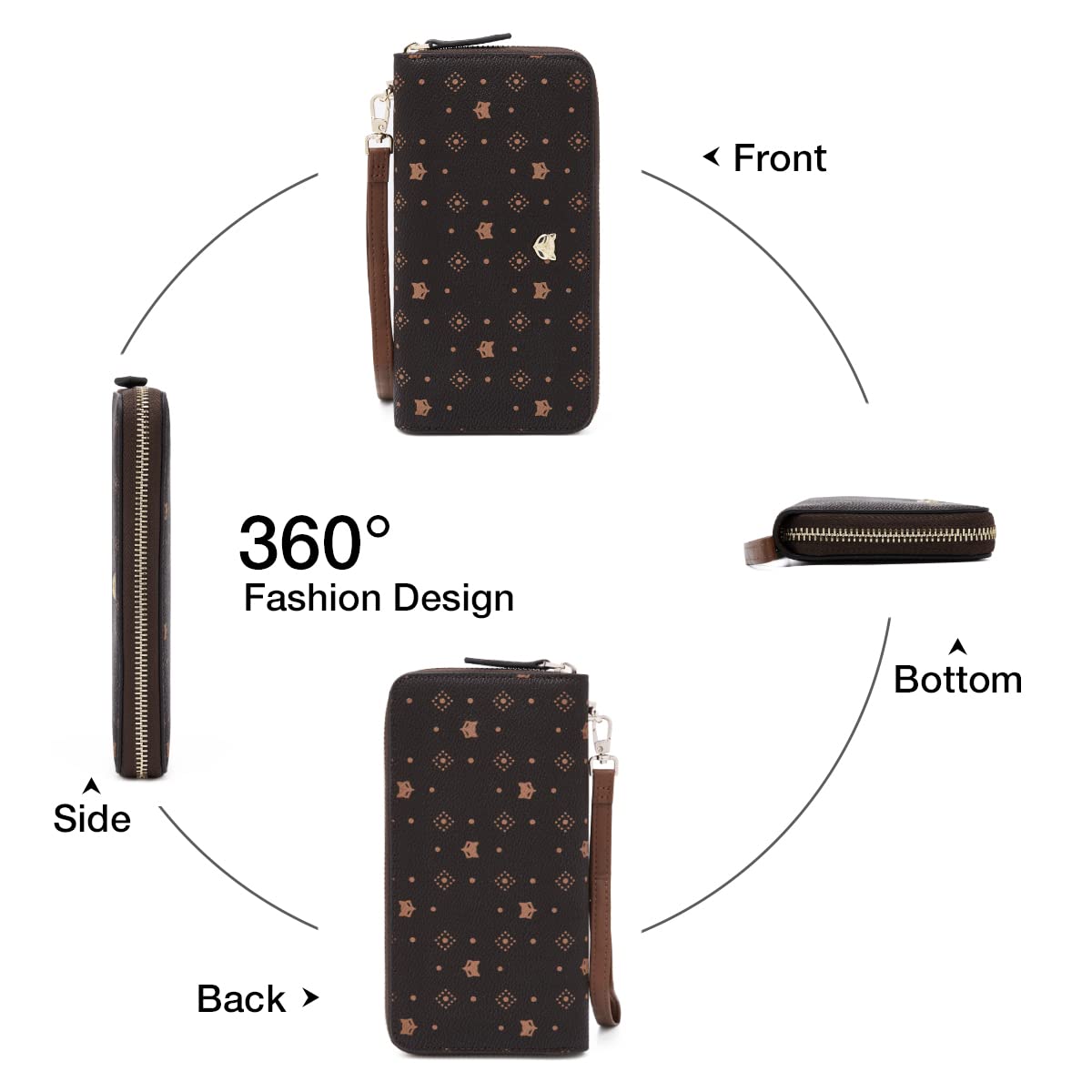 FOXLOVER Leather Zipper Wallets for Women, Ladies Clutch Wallets Purses with ID Window Gift Box Packing Womens Credit Card Holders Wallets (Brown)
