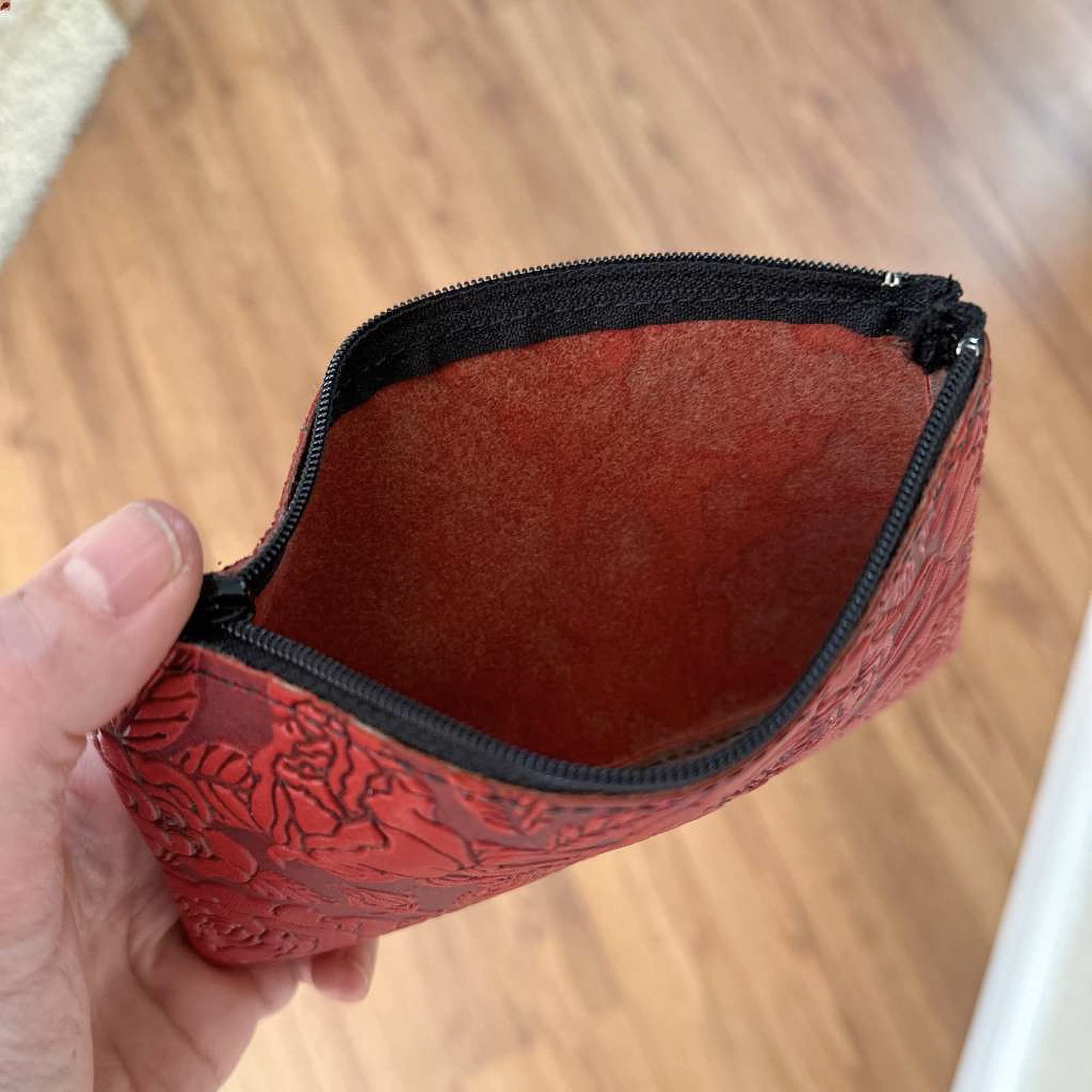 Leather 6 Inch Zipper Pouch, Wallet, Coin Purse, Hand Made in the USA by Oberon Design, Red Roses