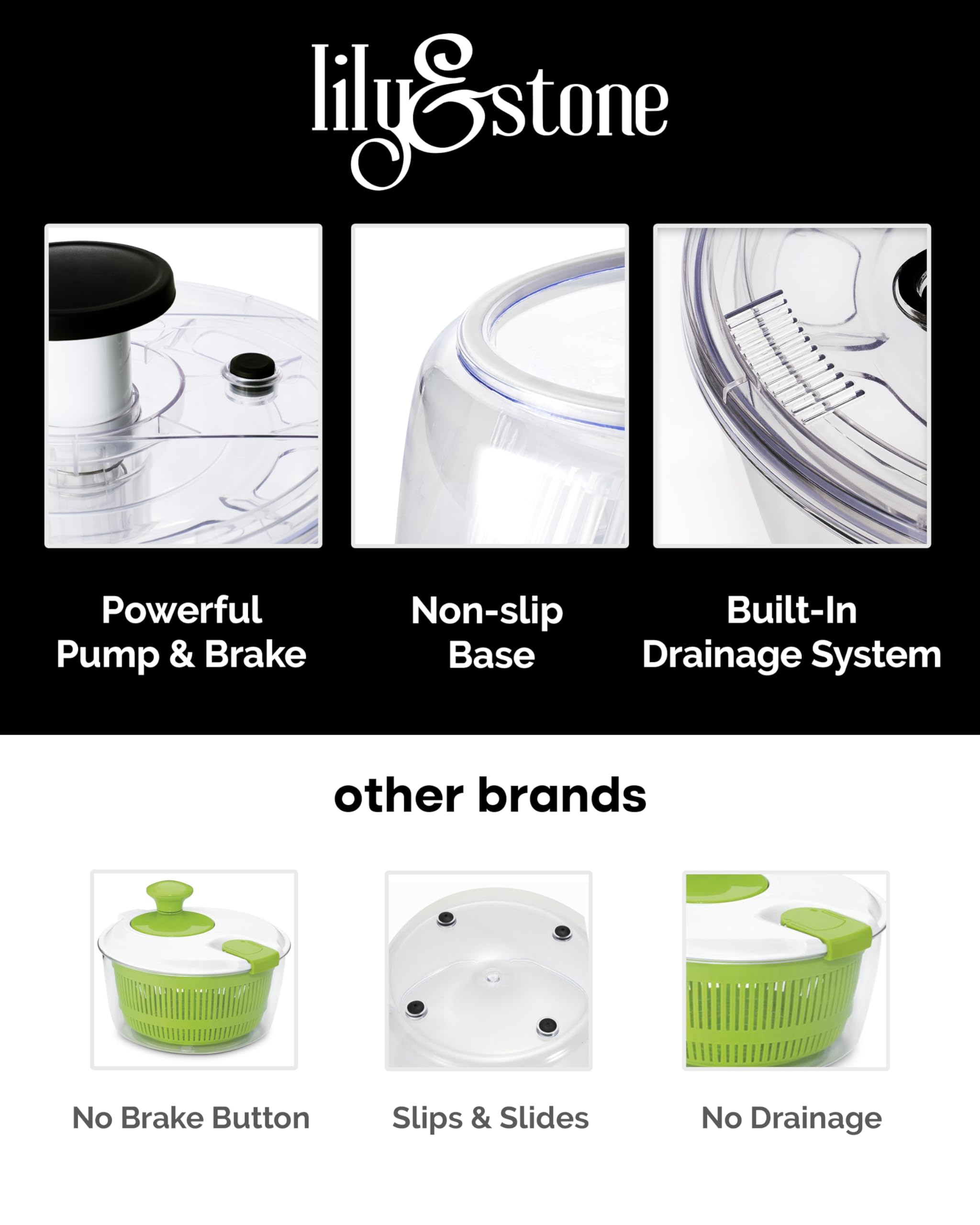 lily&stone Large Pump Salad Spinner with Drain, Bowl, and Colander - Quick and Easy Multi-Use Lettuce Spinner, Vegetable Dryer, Fruit Washer, Pasta and Fries Spinner - 6.33 Qt