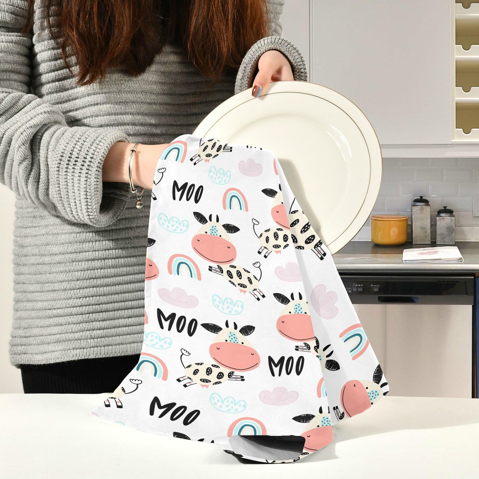 Kigai Cow Kitchen Towels, 18 x 28 Inch Super Soft and Absorbent Dish Cloths for Washing Dishes, 4 Pack Reusable Multi-Purpose Microfiber Hand Towels for Kitchen
