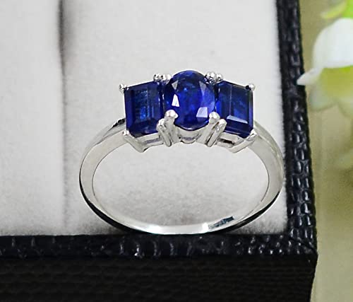 Gemstone 925 Sterling Silver Natural 7X5 MM Blue Kyanite Oval Cut January Birthstone Cluster Unisex Ring For Wedding Gift (Rhodium Plated Silver, 8.5)