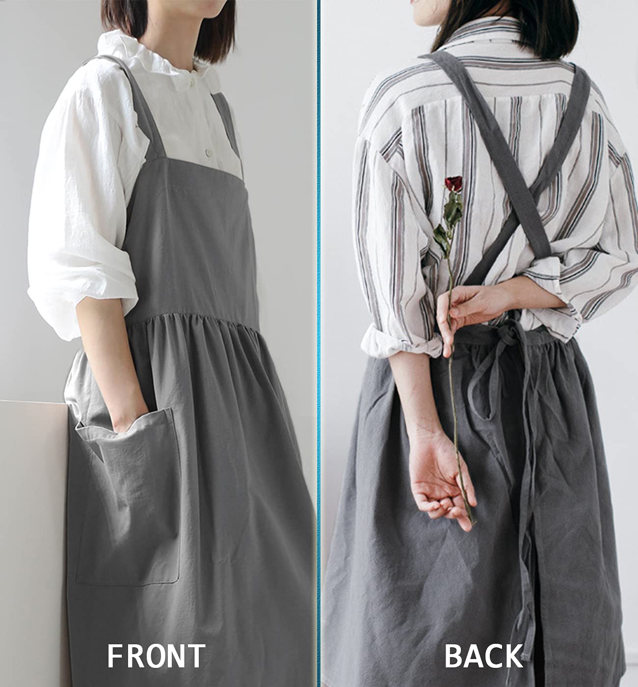 INNIFER linen Aprons for women with pockets Apron dress Cross Back Apron Work Apron for Cooking,Baking,Gardening