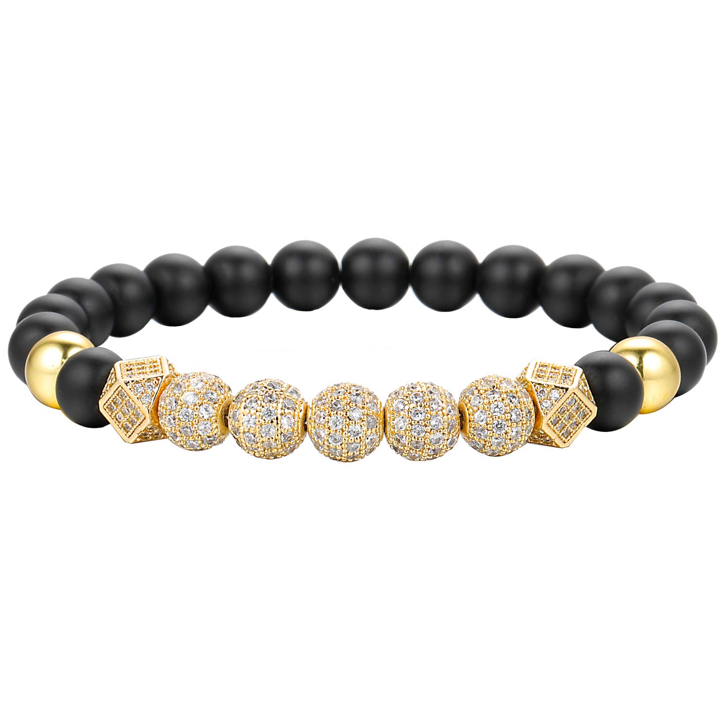 FUNEIA 2PCS 8mm Crown King Charm Beads Bracelet for Men Women Natural Black Matte Onyx Stone Beads, 7.5"