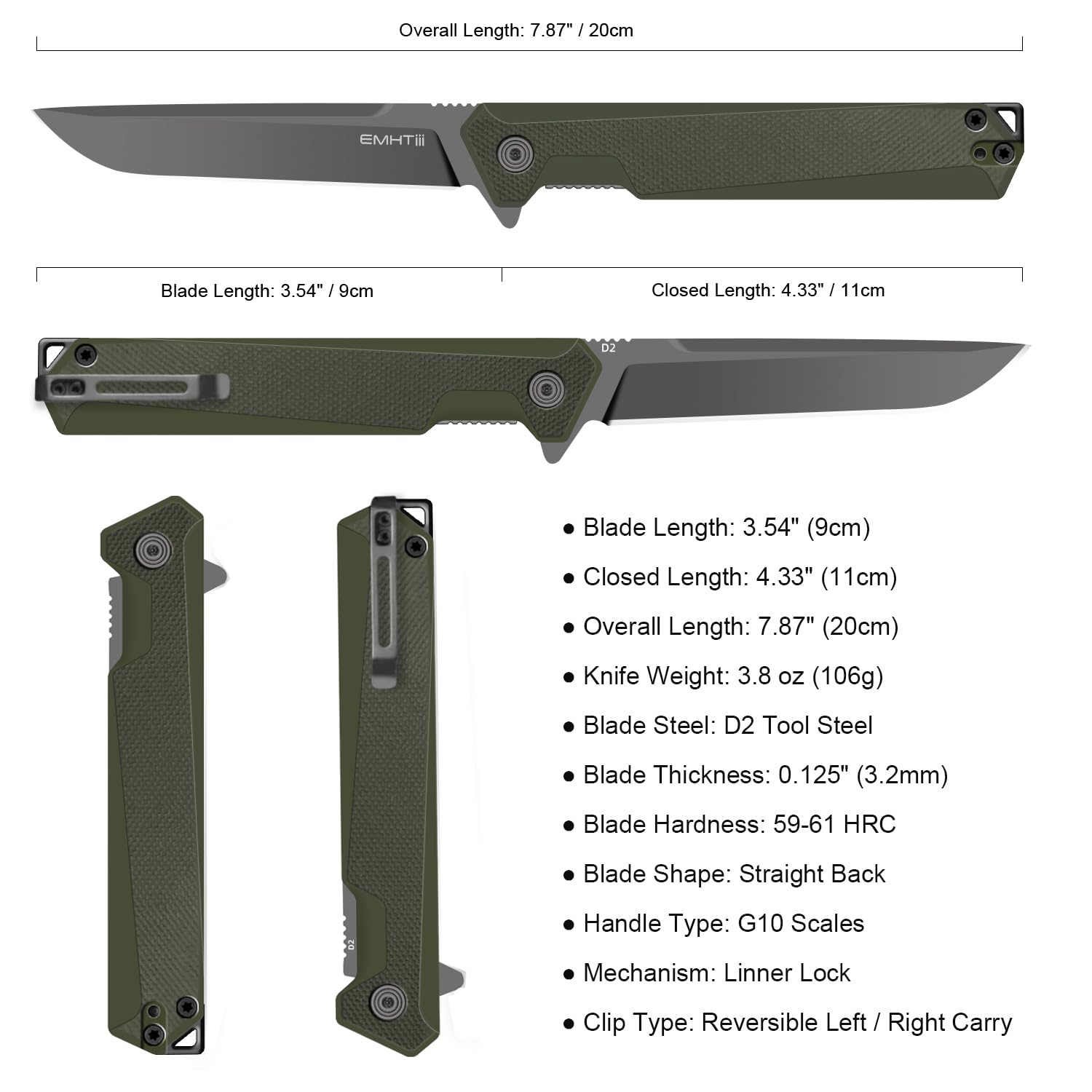 EMHiii Flipper Pocket Folding Knife: 3.54" D2 Steel Black Blade, G10 Scales, Slim EDC Knives with Reversible Deep Clip for Men and Women,Green