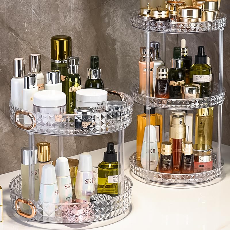 KSDSOAM 3 Tier 360 Rotating Makeup Organizer and Storage,Skincare Organizers Cosmetic Display Case Perfume Holder Rotating Tray Storage Carousel for Vanity Bathroom Organizer Countertop(Clear)