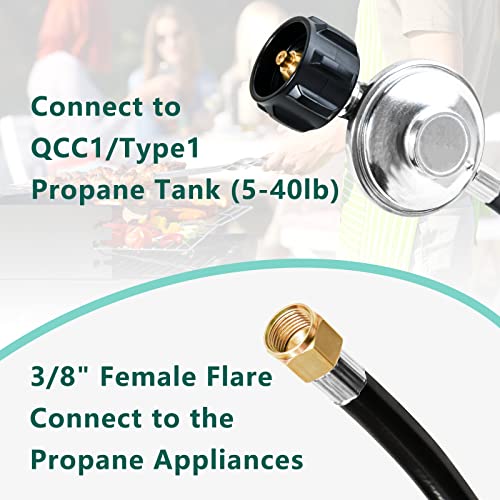 KTUOPEE Propane Regulator and Hose: 3 Feet Universal QCC1 Replacement Hose and Regulator for Most LP Gas Grill, Patio Heater, Fire Pit and More, Low Pressure, 3/8 inch Female Flare Nut