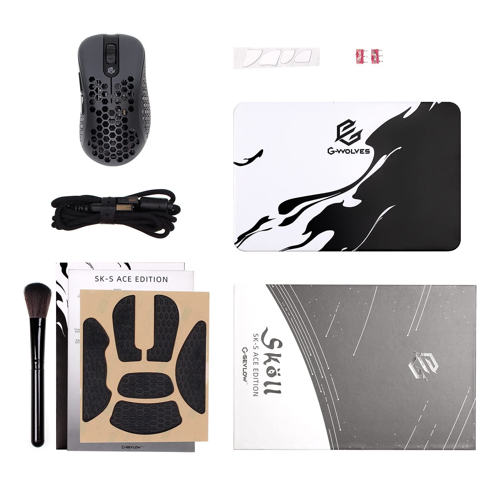 G-Sevlow Skoll Mini SK-S ACE 50g Ultralight Weight Honeycomb Design Ergonomic Gaming Mouse with 3389 Sensor - PTFE Skates - 16,000DPI - Detachable Cable (Black)