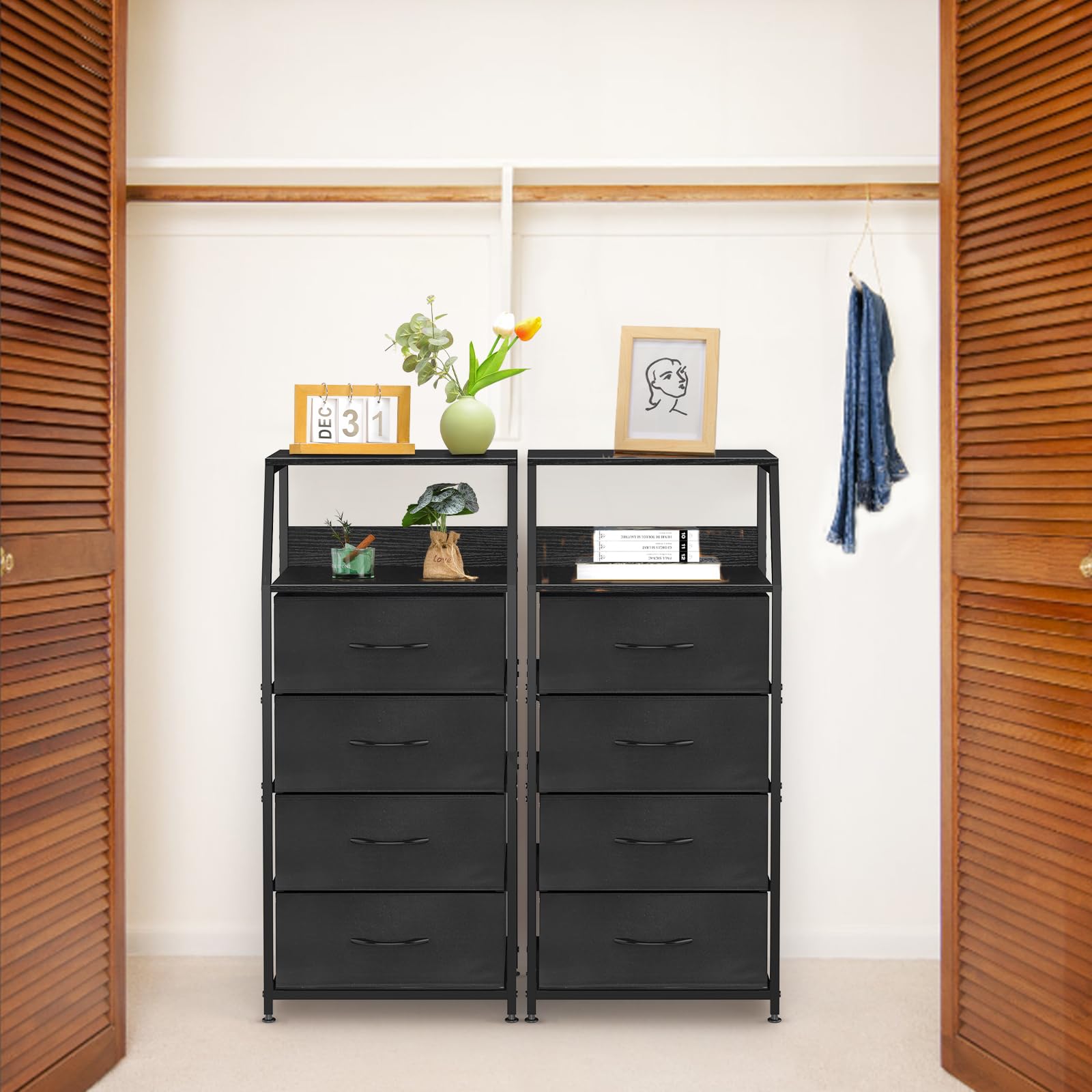 OGEMXU Nightstand with Drawers, Small Dresser with 3 Fabric Drawers, 2-Tier Shelf Bedside Table Storage and Organization, End Table Storage Shelf for Small Space, Bedroom, Apartment, Black