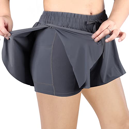 Gleihow Women's 2 in 1 Flowy Running Shorts Athletic Gym Yoga Workout Butterfly Shorts with Pocket Grey