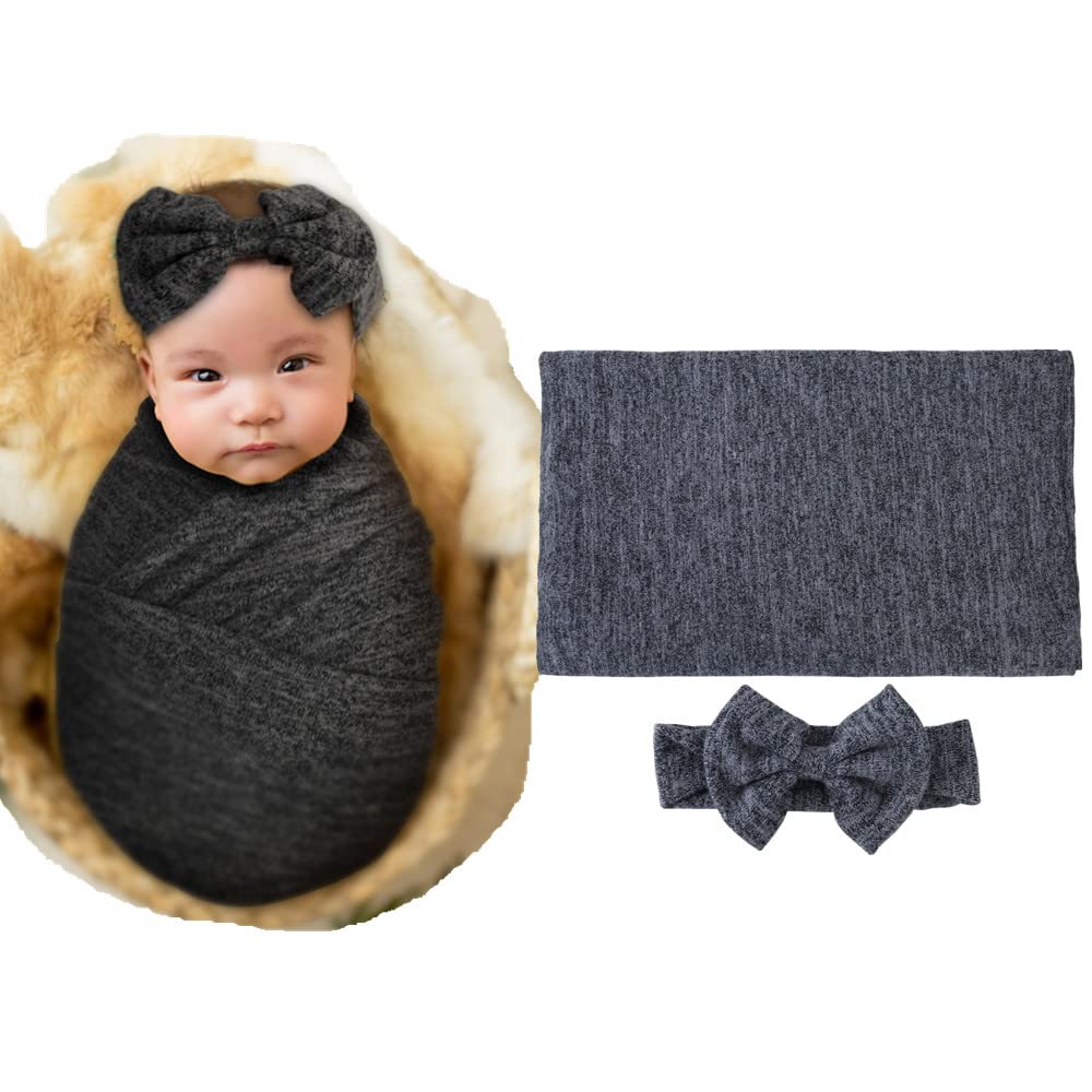 Newborn Baby Swaddle Blankets Headbands Bow Sets Receiving Blanket Stretchy Swaddle Sack for Baby Shower Infant Shower Gift (Black)
