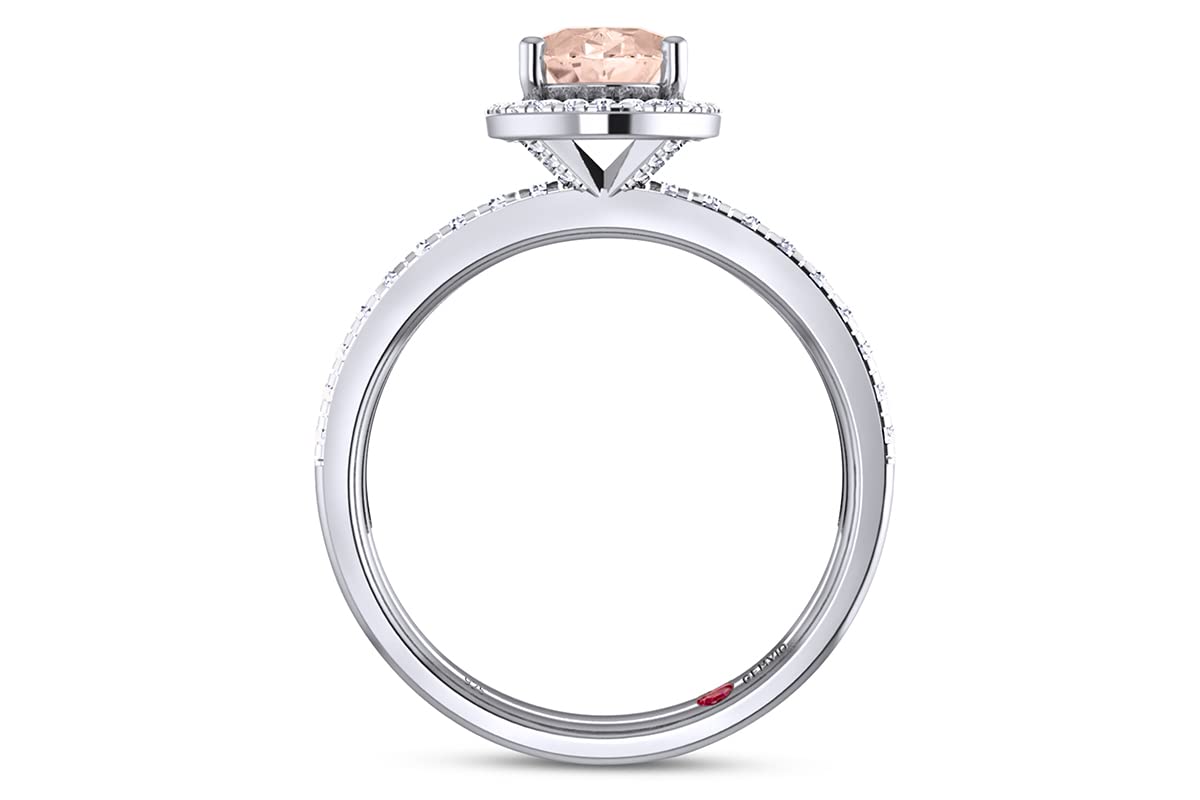 GEMVIO Collection 8X6MM Oval Cut Natural Morganite Gemstone & Natural Diamond Halo Bridal Set Engagement Ring In 14K White Gold Over Sterling Silver Anniversary Wedding Ring (1.40 Cttw)-7
