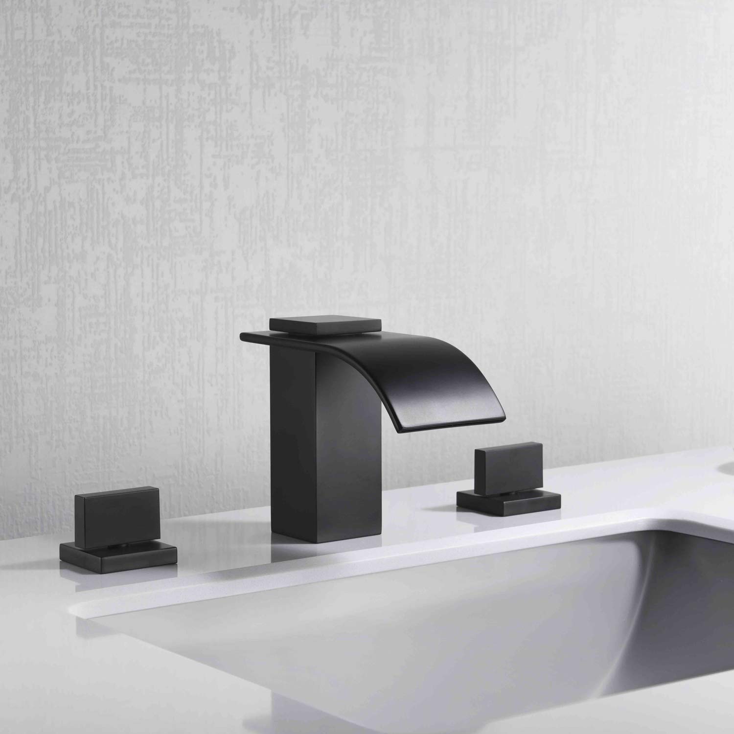 sumerain Widespread Waterfall Matte Black Bathroom Faucet 3 Hole 2 Handle 8 Inch Vanity Sink Faucet