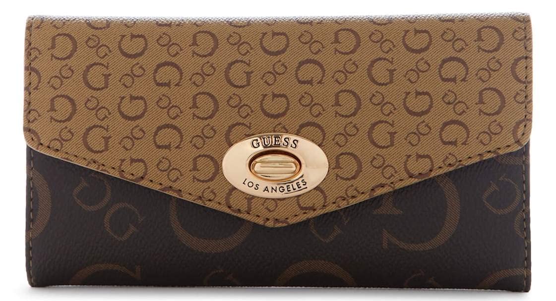 GUESS Women's Kerris Logo Print Twist Lock Trifold Slim Wallet Clutch Bag - Natural/Brown