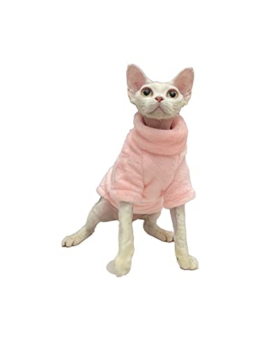 Sphynx Hairless Cat Clothes Solid Soft Faux Fur Sweater Outfit Cute Pullover Autumn Winter Fashion Turtleneck Sphynx Clothes Kitten Cat Apparel (M(4.4-5.5lbs), Light Pink)